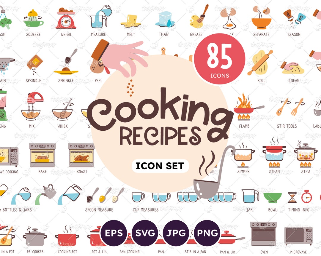 Cooking Icon Set, Kitchen Cooking Icons, Cooking Recipe Icons, Hand ...