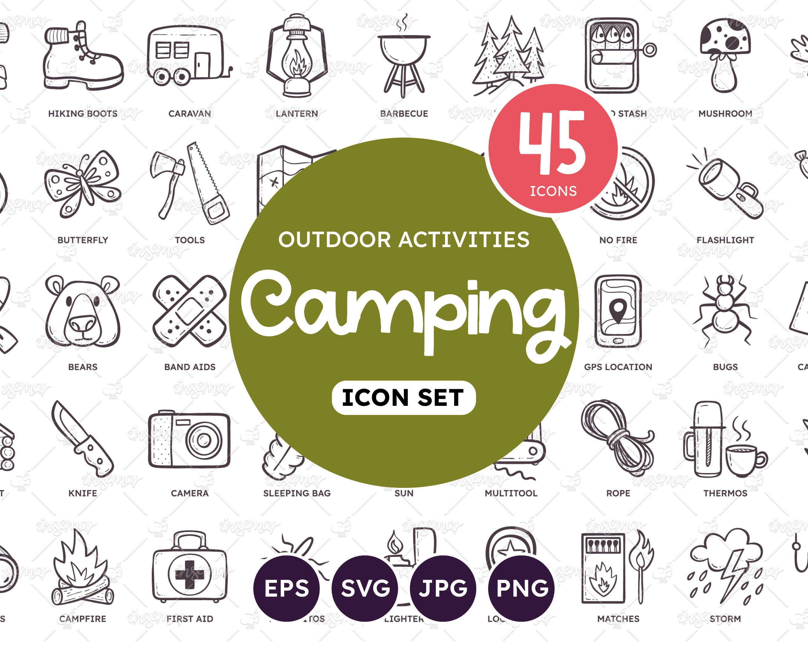 Camping & Outdoor Doodle Icon Set, Adventure EPS Vector, Transparent ...