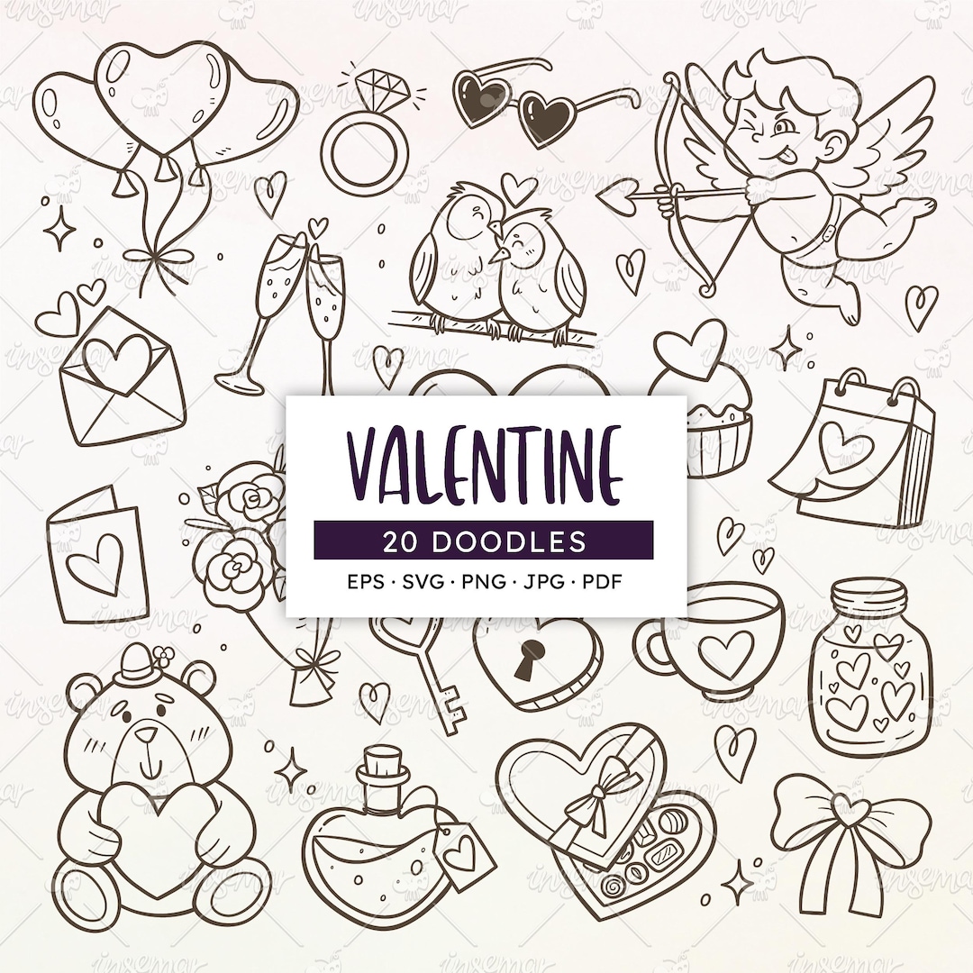 Love Doodles Valentine Day Clipart Set, 20 Hand Drawn Romantic ...