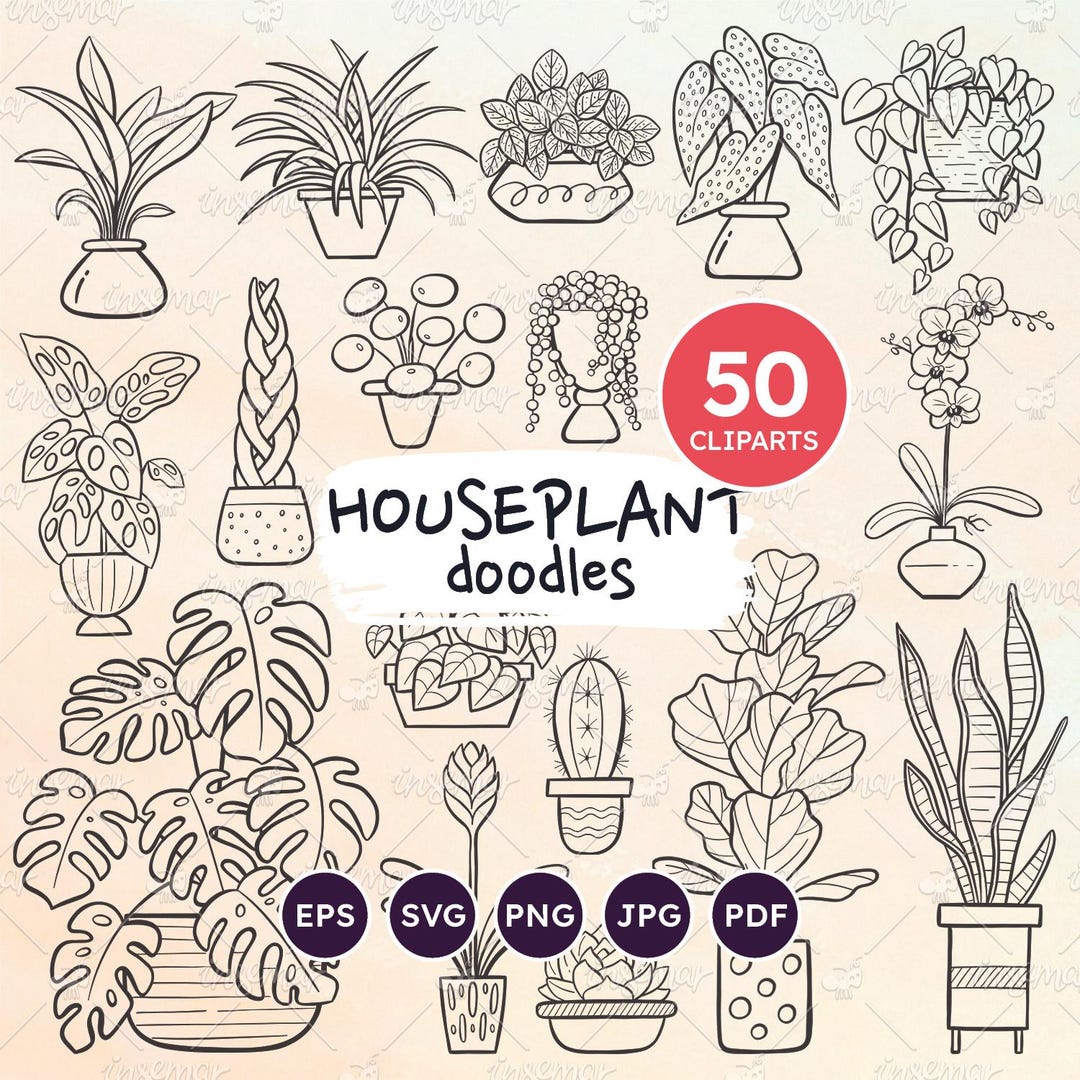 Houseplant Clip Art: Hand-drawn Potted Plants (EPS, SVG, PNG) Digital ...