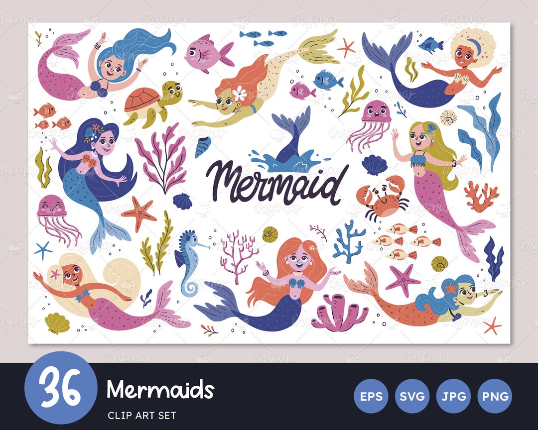 Sirenas y Sealife Clip Art Set dibujos de sirena fondo - Etsy México