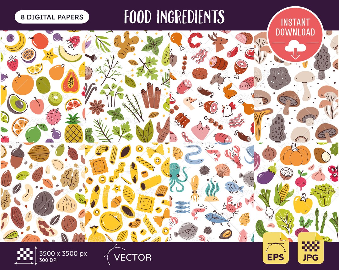 Food Digital Papers, 8 Food Ingredient Patterns, Fruits, Vegetables ...