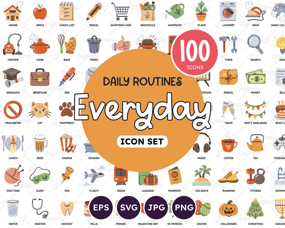 Everyday Icon Set, 100 Daily Life Icons, Daily Planner Icons, To-do ...