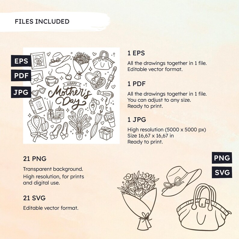 Mother's Day Doodle Clipart Set: Hand-drawn Gift Samples (SVG, PNG, EPS ...