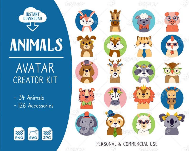 Animal Avatar Creator Kit / Avatar Maker /animal Clip Arts / Cute ...