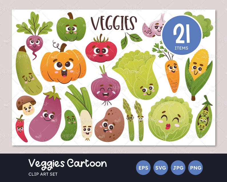 Veggies Clipart Set Cartoon Vegetables Cute Vegan - Etsy