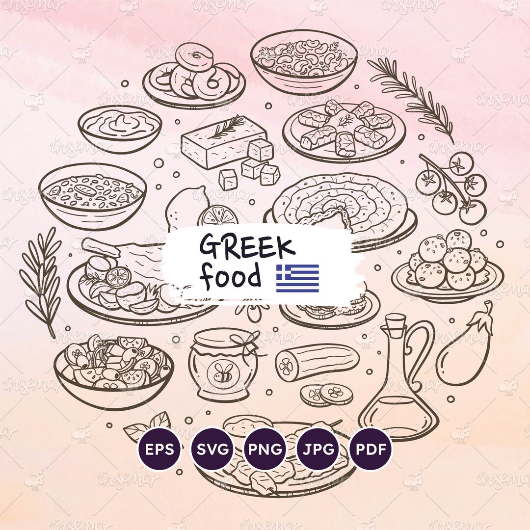 Greek Food Icons, Typical Greek Food & Ingredients. SVG Vector Doodles ...