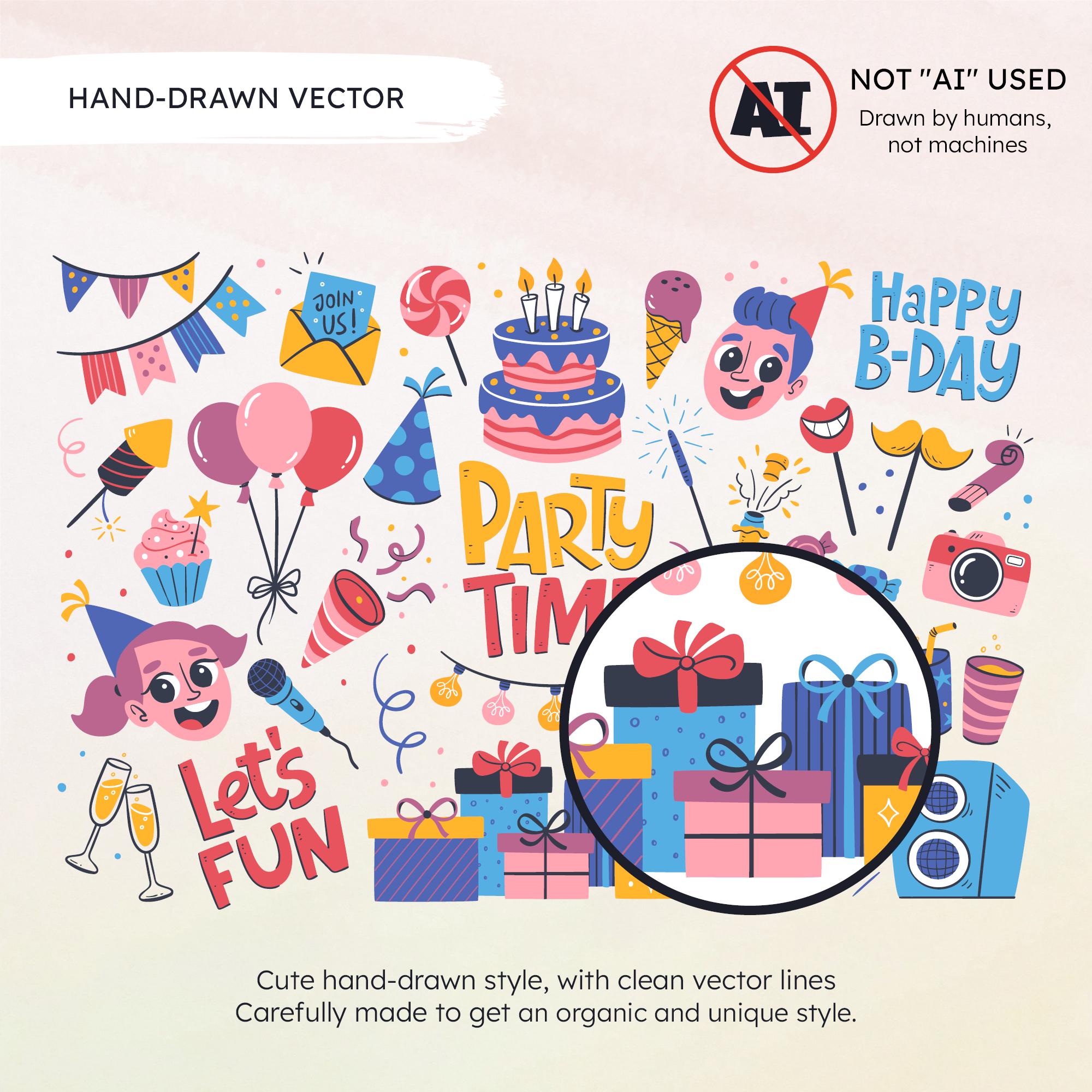 Birthday Party Clipart Bundle: Hand-drawn Kids Vector Graphics (SVG ...