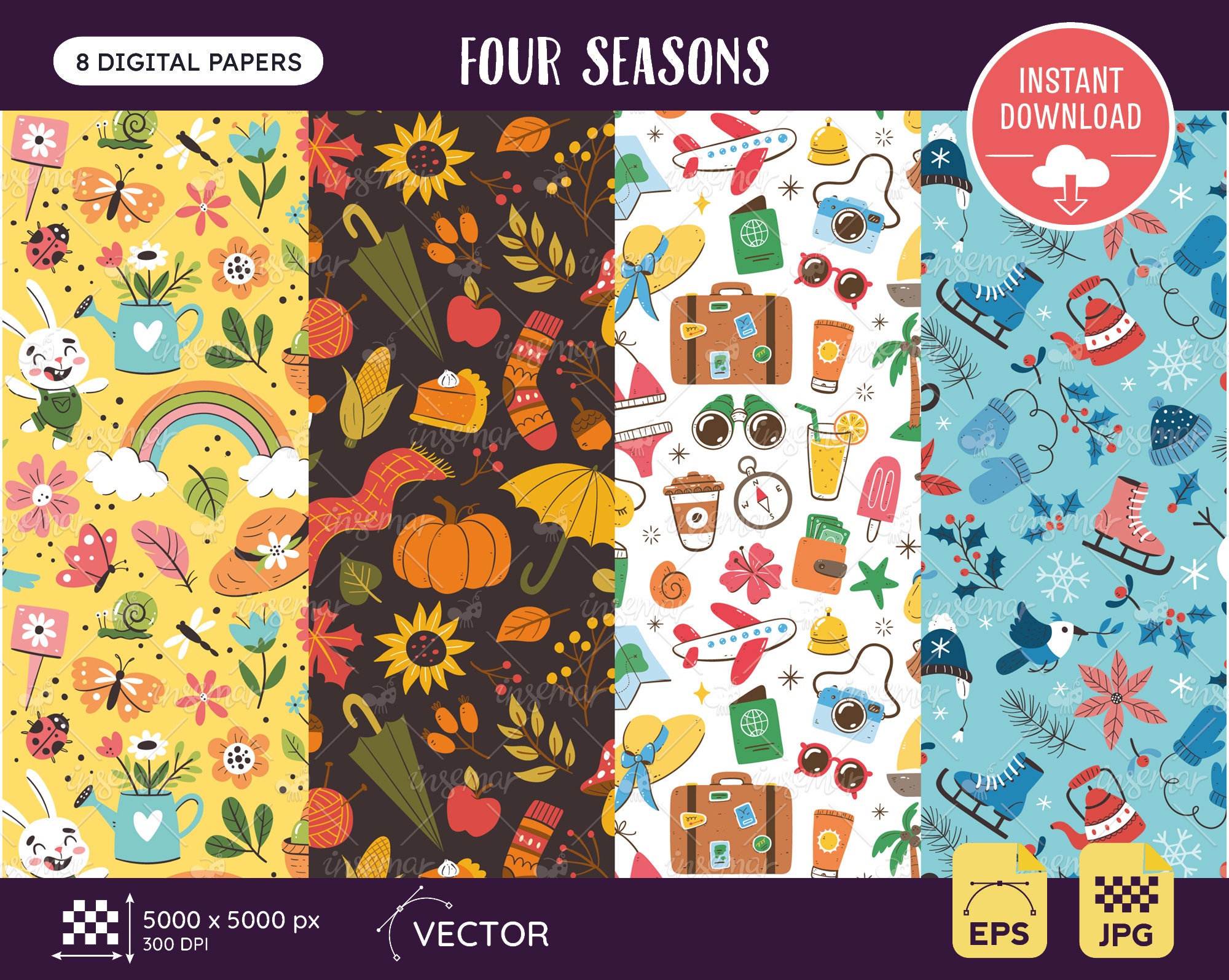 Seasonal Digital Papers, Seamless Digital Paper Set, Four Seasons ...