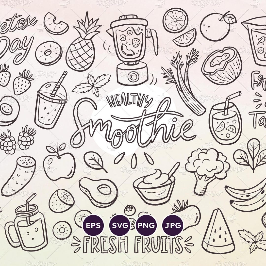 Smoothies Doodle Clipart Set, Healthy Drink Line Art Set, Fruits ...