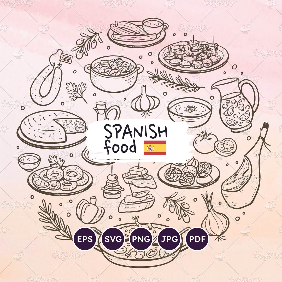 Spanish Food Doodle Icons: Typical Spain Food & Ingredients (EPS, SVG ...