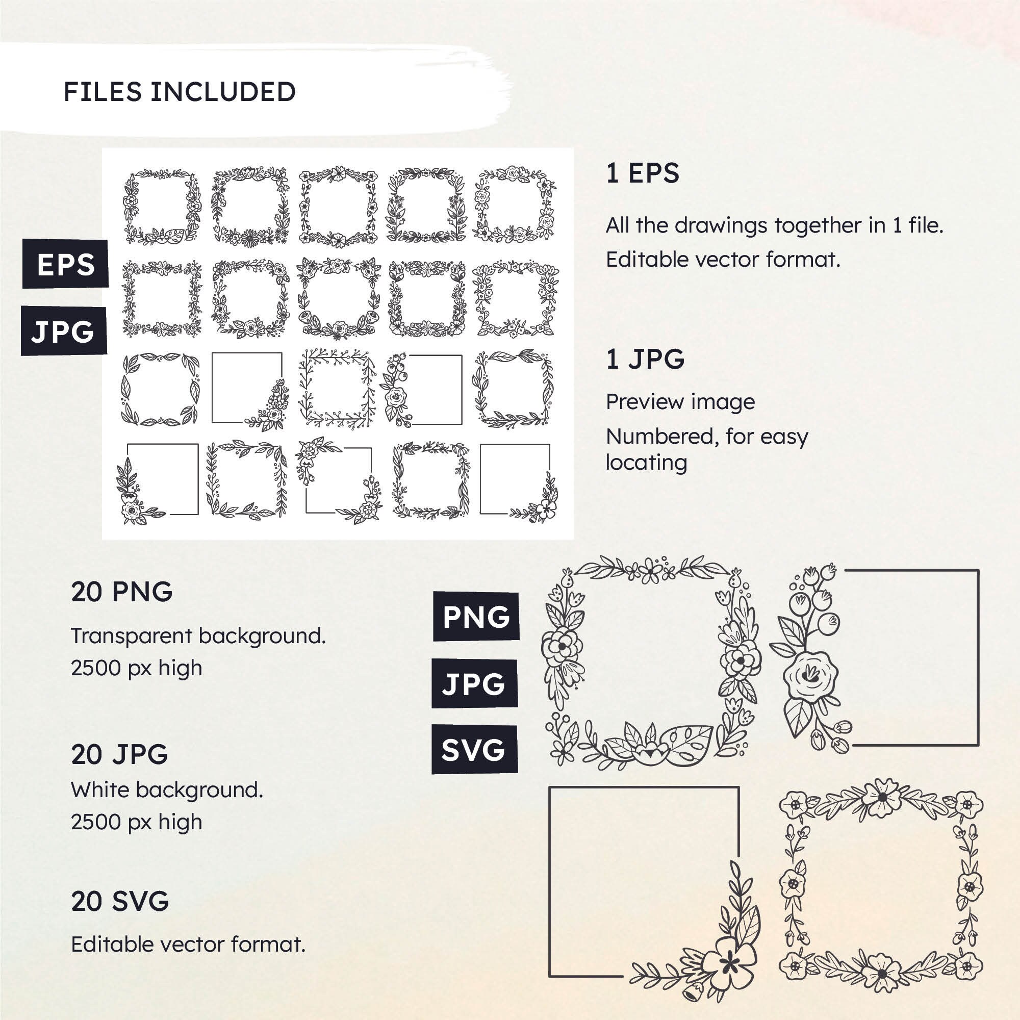 Floral Frames SVG, Botanical Frame Set, Wedding Floral Frames, Square ...