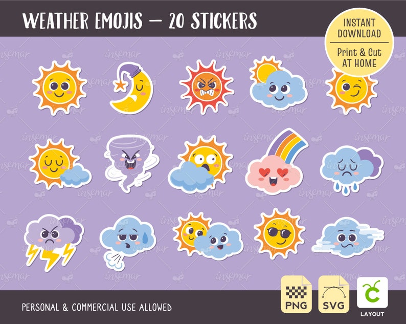 Weather Emoji Stickers Printable Stickers Facial Expression - Etsy