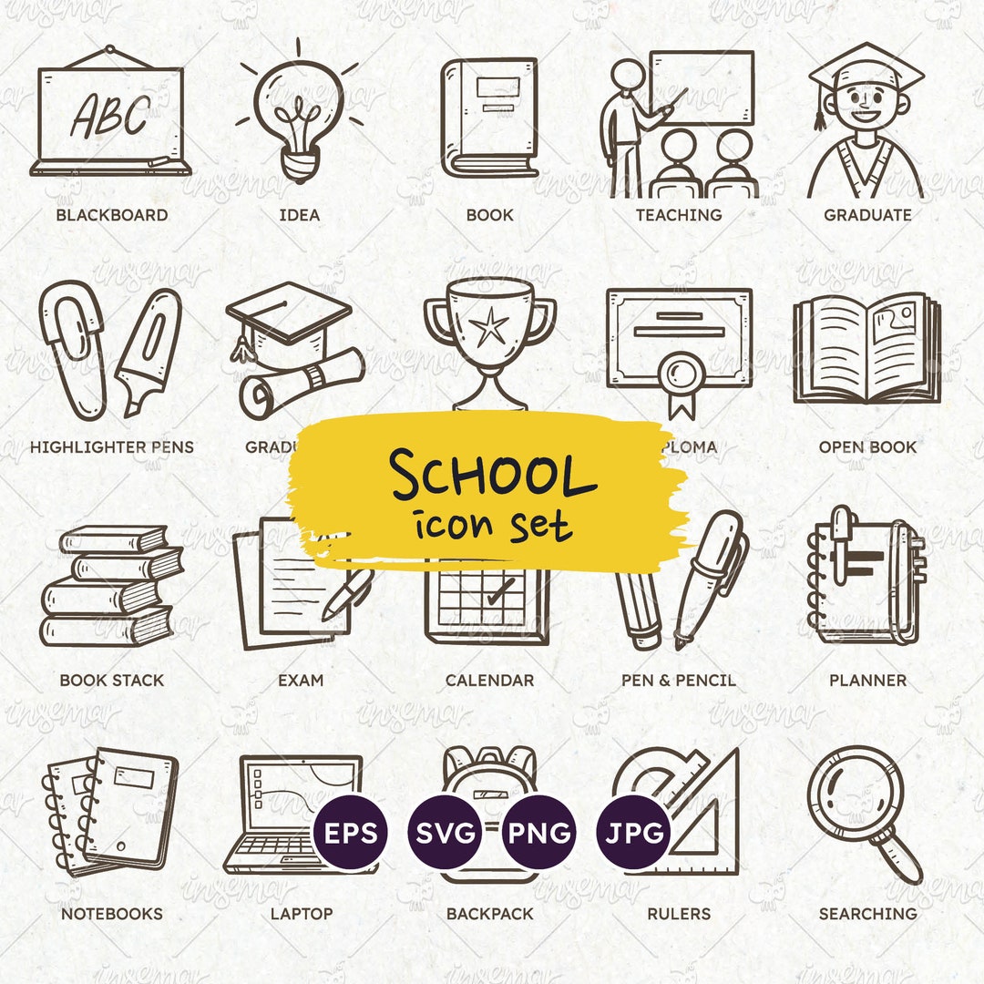 Shool Icon Set, Doodle School Icons, Line Art Back to School ...