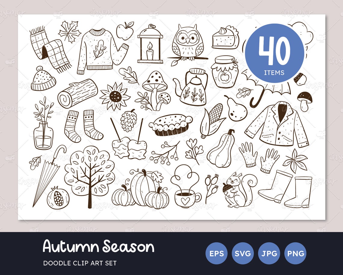 Autumn Doodle Clip-art Set Fall Season Doodles Cute Autumn - Etsy