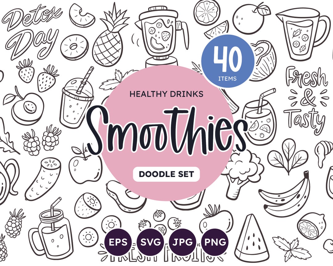 Smoothies Doodle Clipart Set, Healthy Drink Line Art Set, Fruits ...