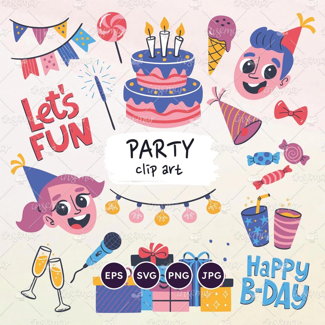 Birthday Party Clipart Bundle: Hand-drawn Kids Vector Graphics (SVG ...
