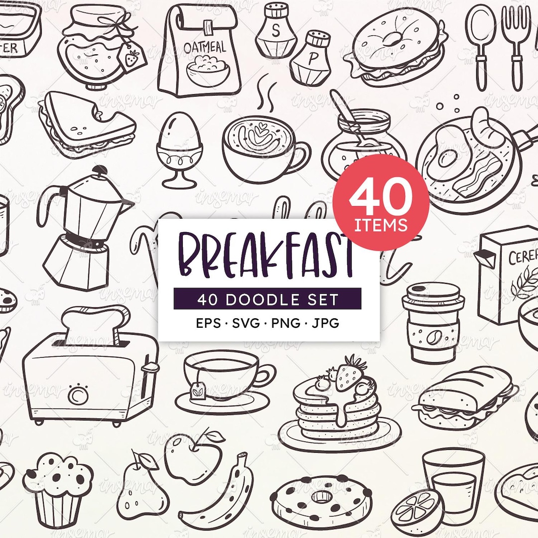 Breakfast Doodle Clipart Set: Food Line Art, PNG, SVG, EPS (digital ...