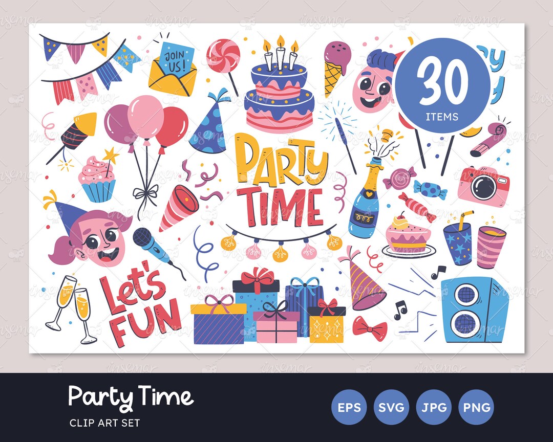 Kids Party Elements, Birthday Party Clipart Collection, Happy Birthday ...