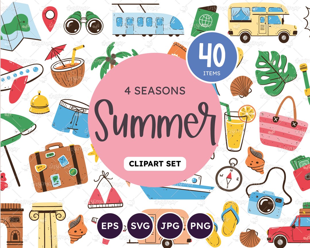 Summer Clip Arts, Summer Trip & Vacation Clipart Set, Holidays Icon Set ...