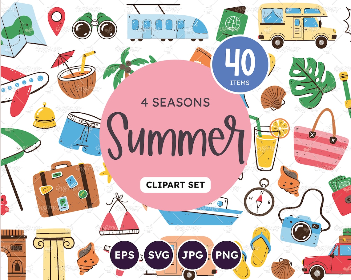 Summer Clip Arts, Summer Trip & Vacation Clipart Set, Holidays Icon Set ...