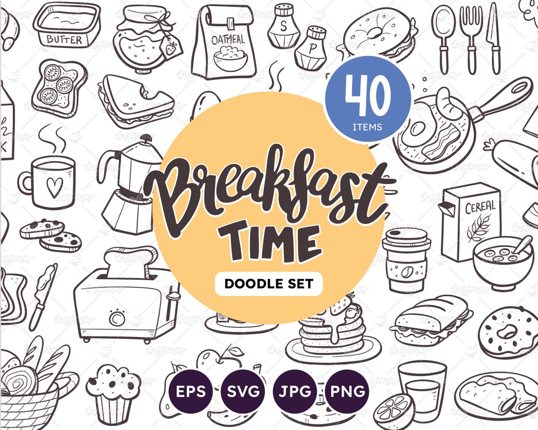Breakfast Doodle Clipart Set, Good Morning Food Line Art Collection ...