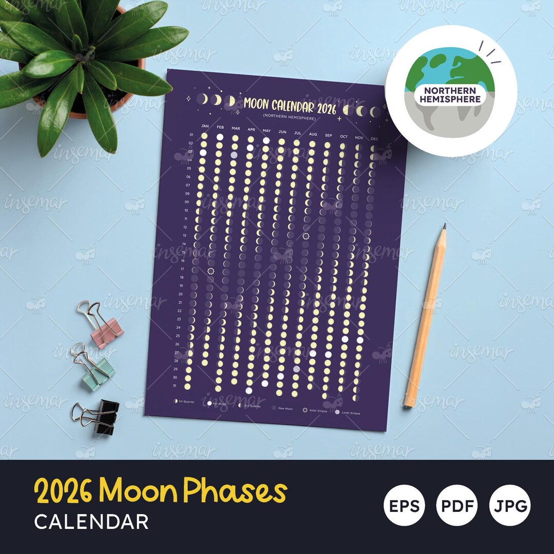 2026 Lunar Calendar Poster: Northern Hemisphere Moon Phases (EPS, PDF ...
