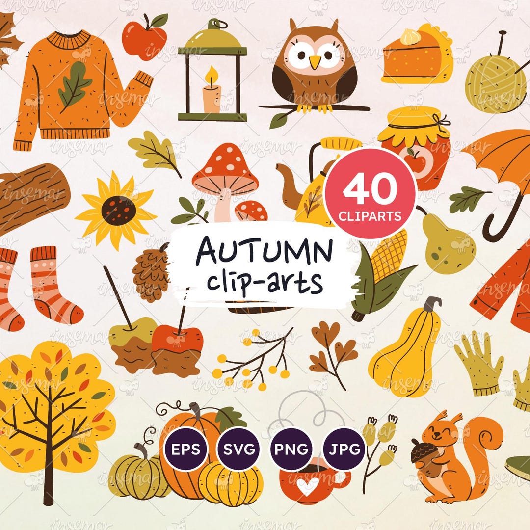 Autumn Clip Art Collection, Cute Autumn Seasonal Elements, Fall Autumn ...