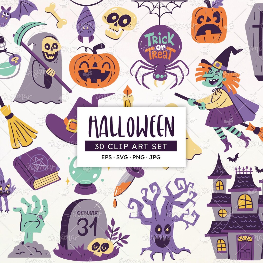 Halloween Clipart Bundle: Hand-drawn Witch, Pumpkins, Bats, Spider (EPS ...