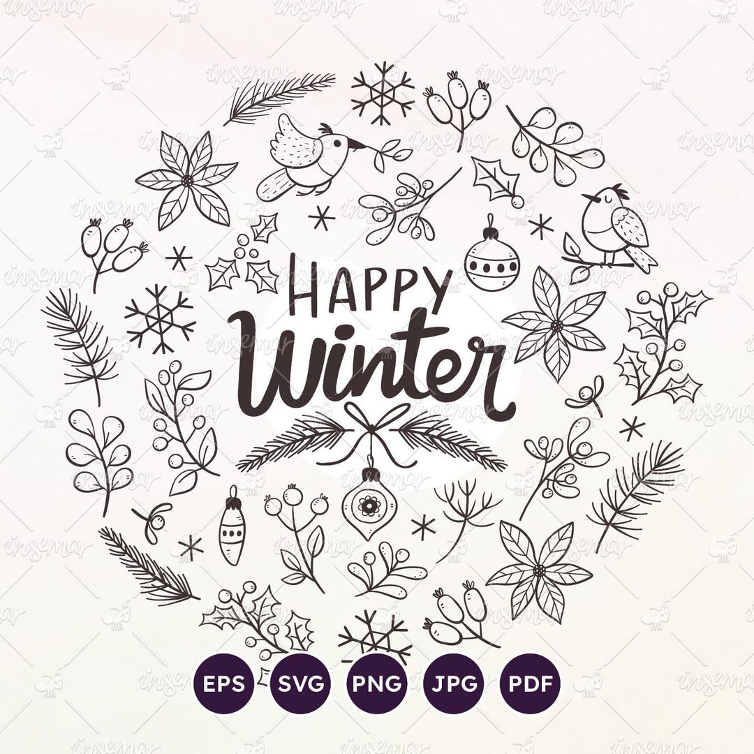 Winter Doodle Clipart: Floral Seasonal Decorative Items (EPS, SVG, PNG ...