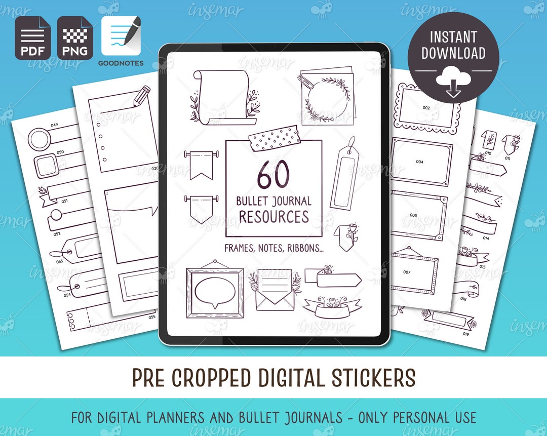 Digital Planner Stickers: Hand-drawn Frames, Ribbons, Labels (60 Pngs ...