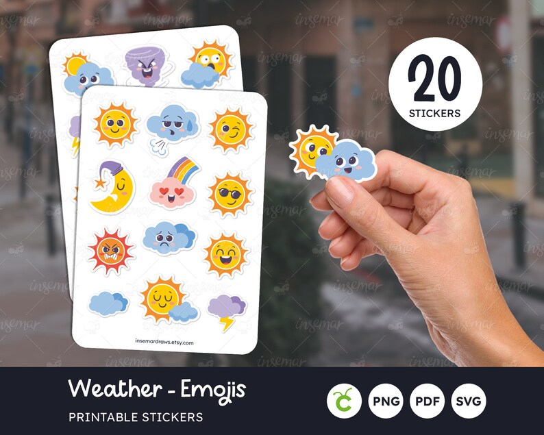 Weather Stickers, Emoticon Printable Stickers, Mood Stickers, Sunny ...