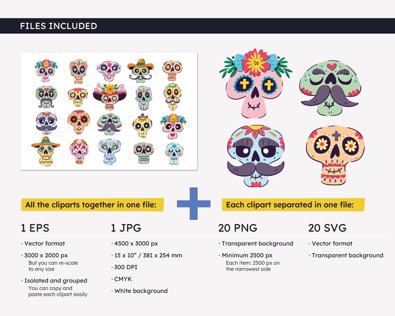 Mexican Sugar Skull Clip Art Collection Dia De Los Muertos Cartoon ...