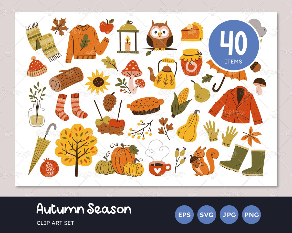Autumn Clip Art Collection Cute Autumn Seasonal Elements - Etsy