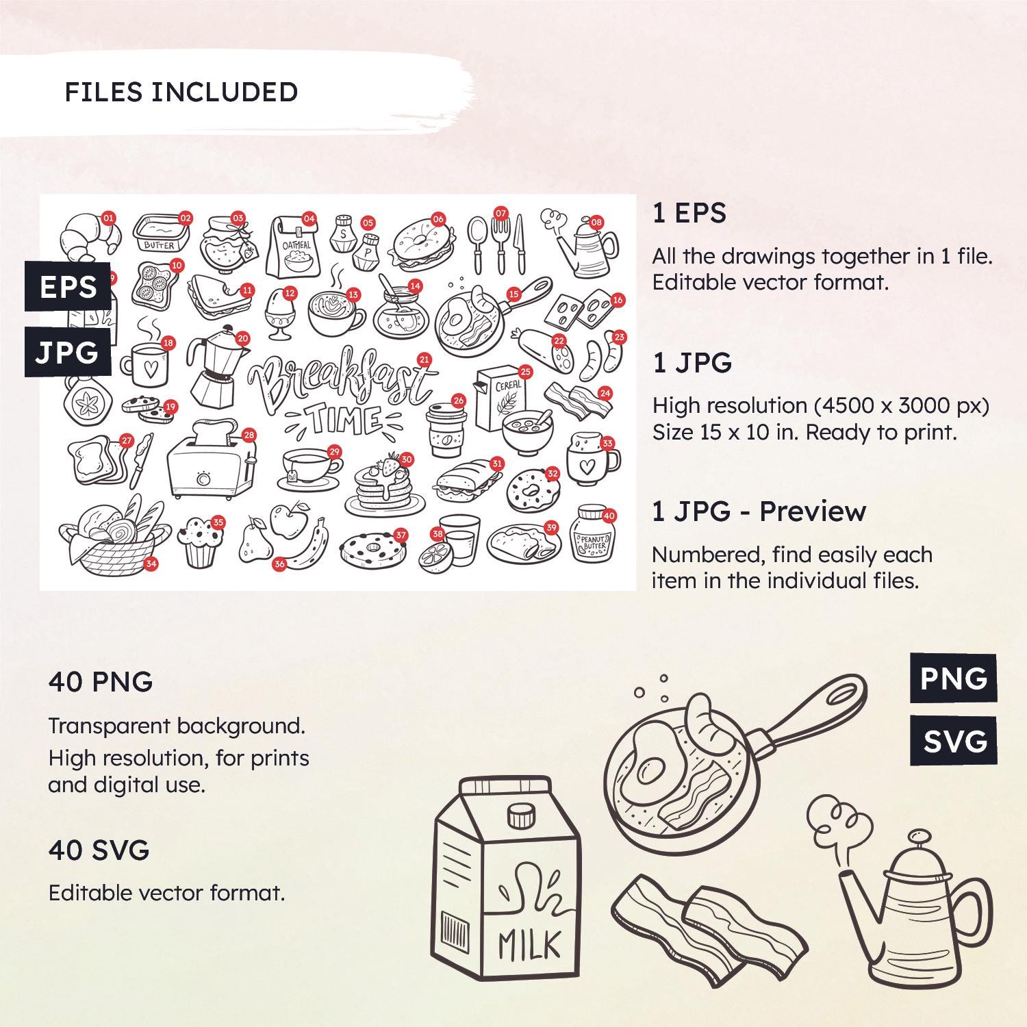Breakfast Doodle Clipart Set, Good Morning Food Line Art Collection ...