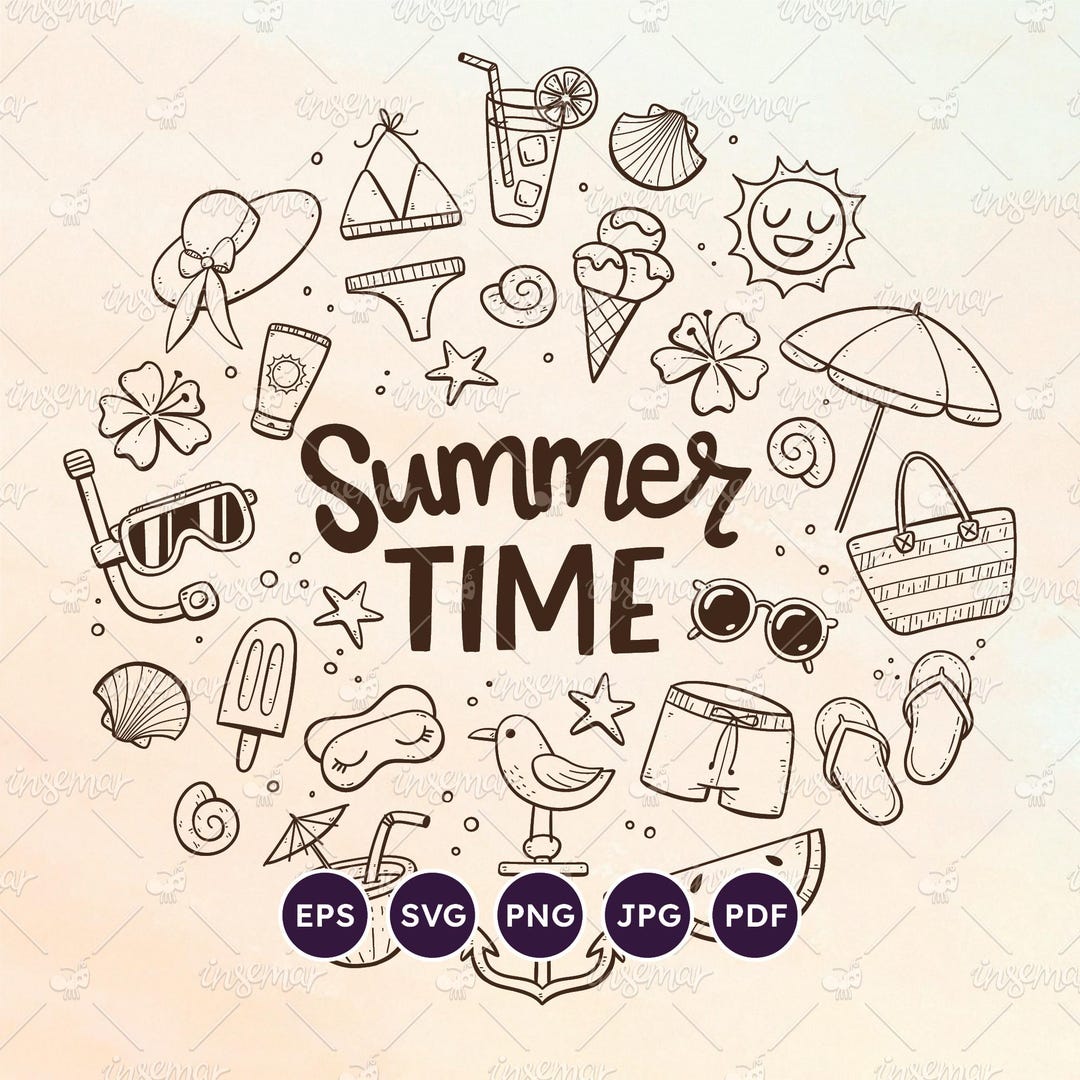Summer Doodles SVG, Cute Summertime Clipart, Seasonal Summery, Beach ...
