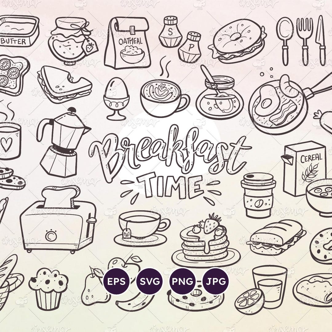 Breakfast Doodle Clipart Set, Good Morning Food Line Art Collection ...
