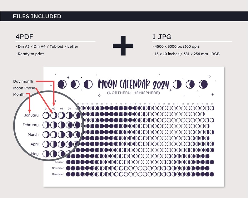 Moon Calendar 2024, Printable Lunar Calendar, Moon Phases Northern ...
