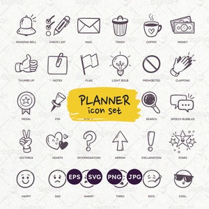 PLANNER Icon Set, Doodle Journaling Stickers, Calendar Icons, Essential ...