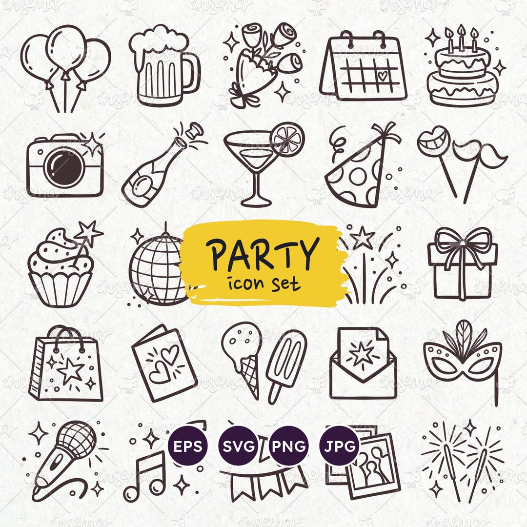 Party Icons Doodle Set: Hand-drawn Birthday & Celebration Clipart (EPS ...