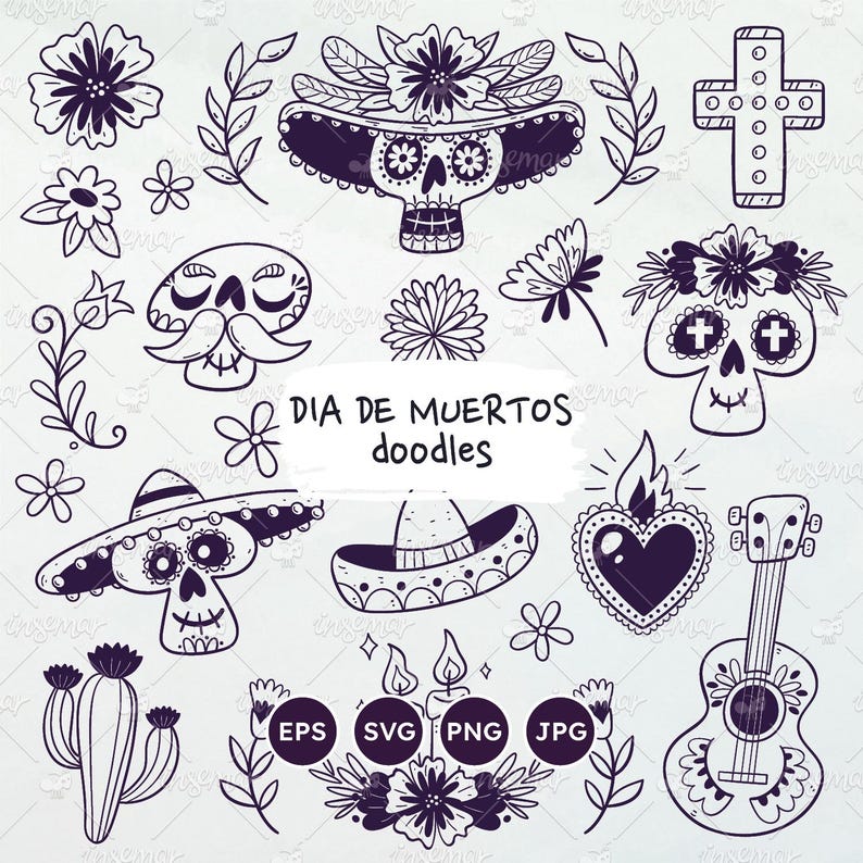Day of the Dead Doodle Clip Art Set, Dia De Los Muertos Background ...