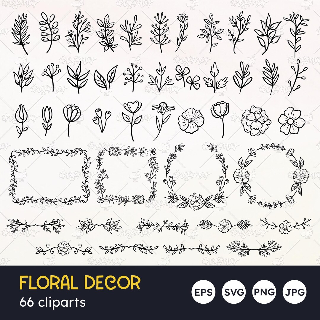 Floral Doodles SVG: Hand-drawn Flower Clipart, Frames (digital Download ...