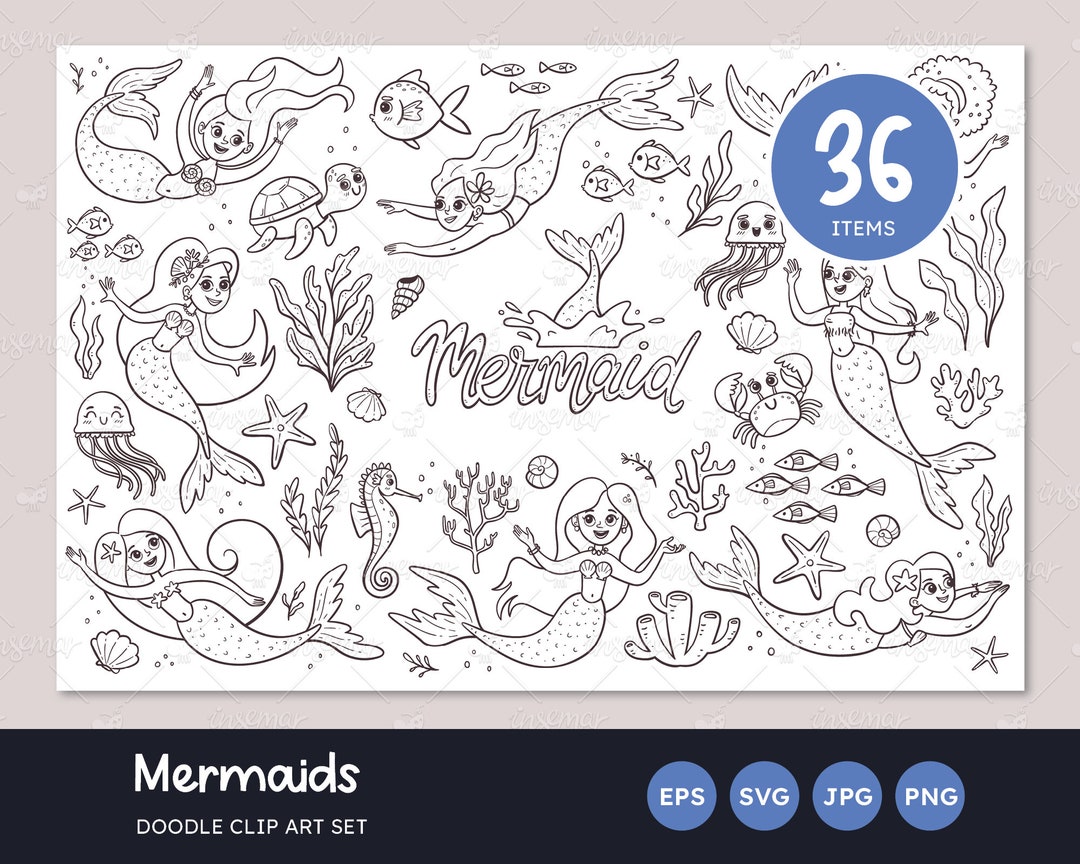 Mermaid Doodles, Sealife Clip Art Set, Marine Life Background, Under ...