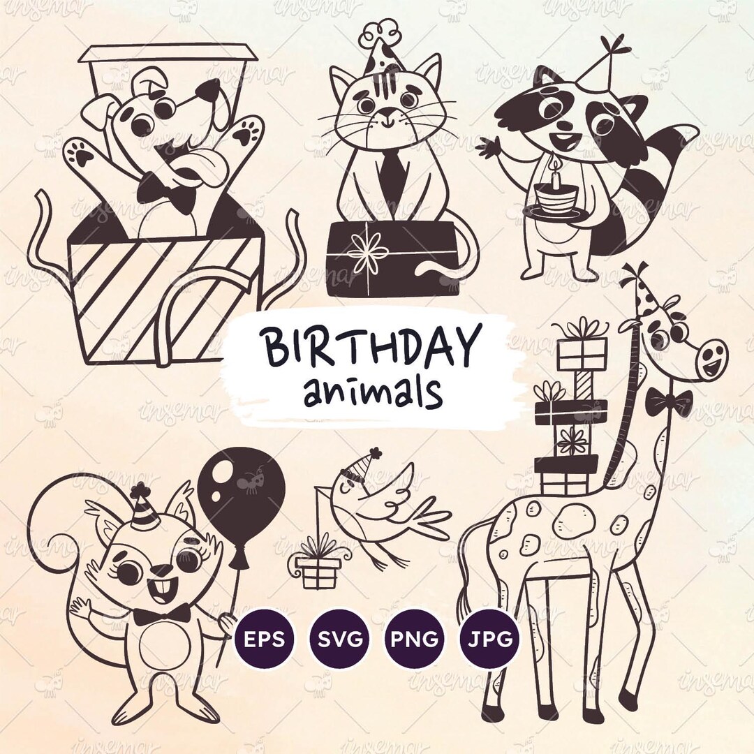 Birthday SVG Clipart Set, 16 Hand-drawn Animals, Cartoon Animals, Happy ...