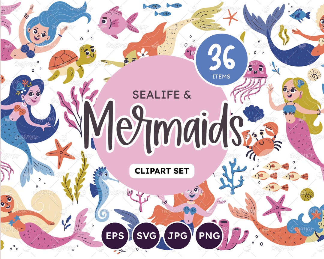 Mermaid Clipart Set: Colorful Sealife Graphics (EPS, PNG, SVG) - Etsy