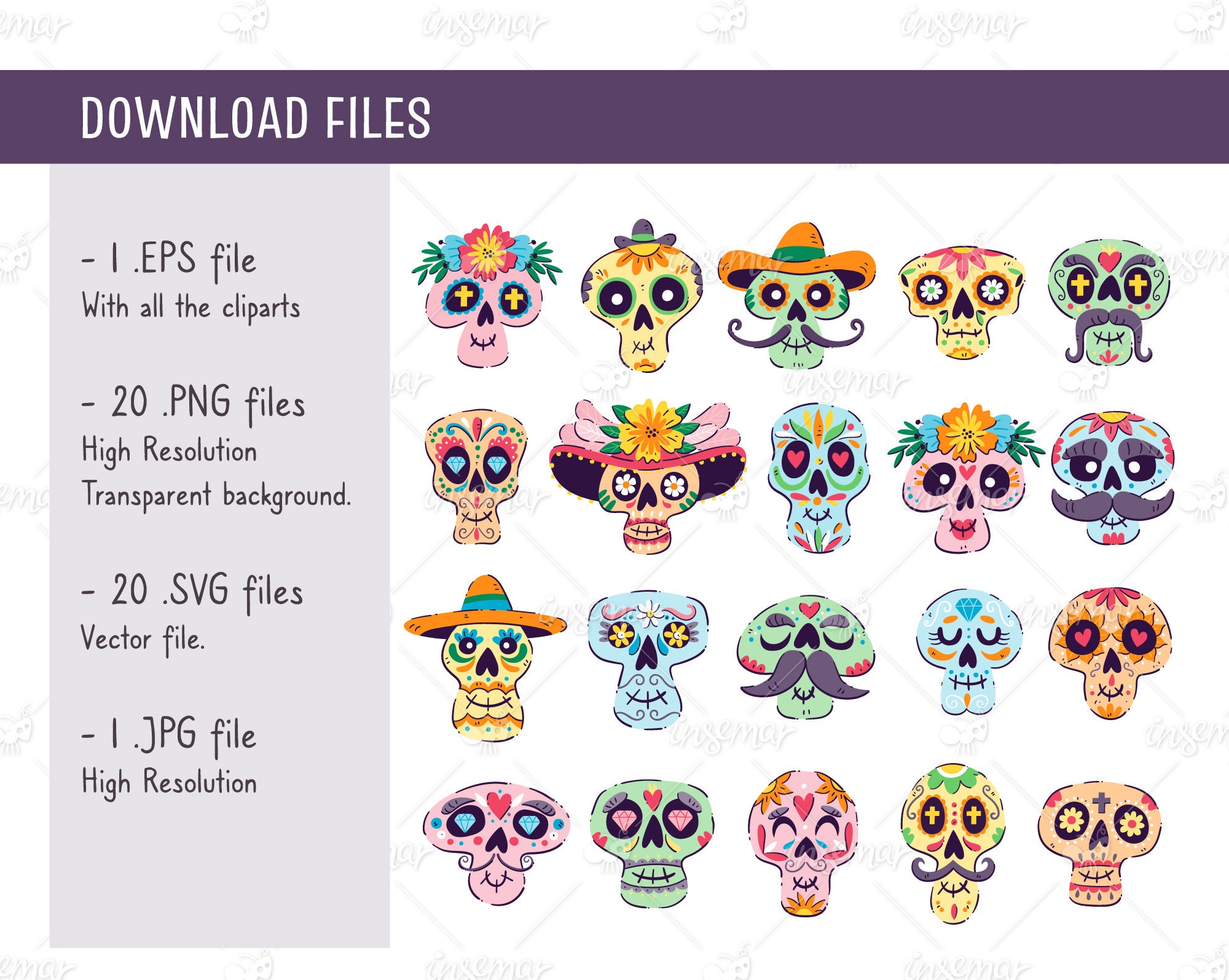 Mexican Sugar Skull Clip Art Collection Dia De Los Muertos - Etsy