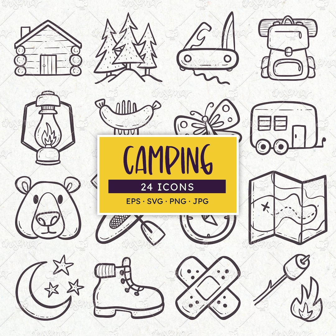 Camping Doodle Icons: Hand-drawn Outdoor Activities Clip Art (EPS, PNG ...