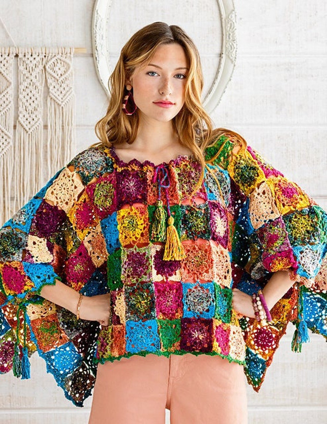 Colorful Crochet Granny Squares Poncho Intermediate Crochet Pattern ...