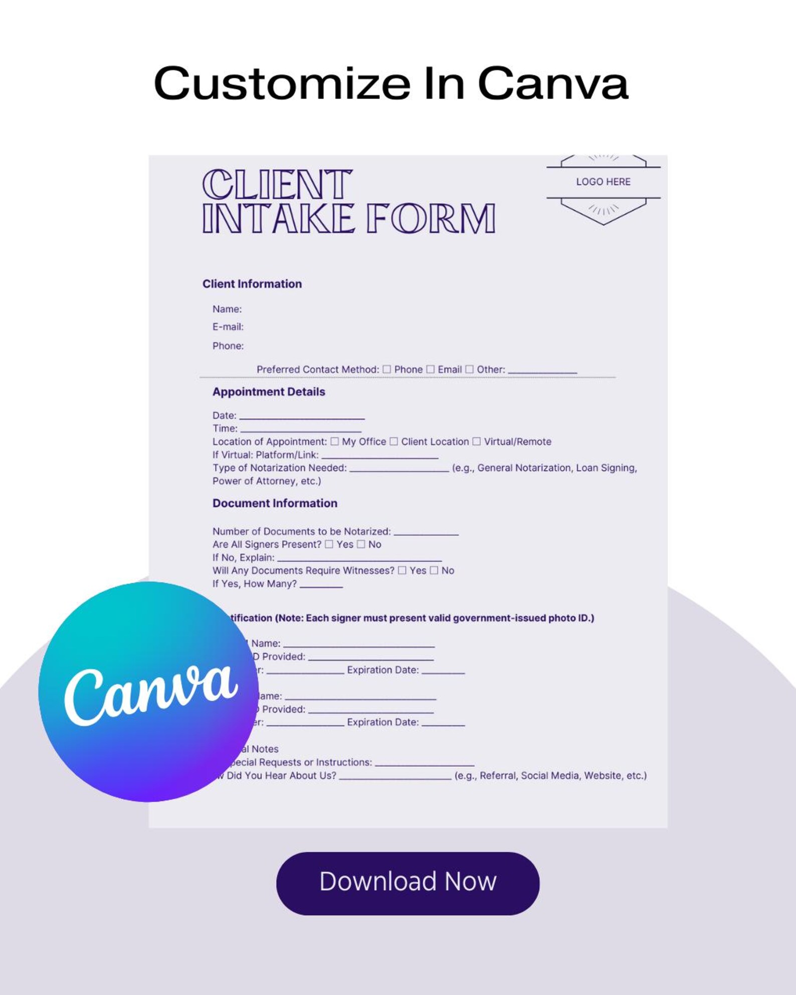 Notary Client Intake Forms- (editable Canva) - Etsy
