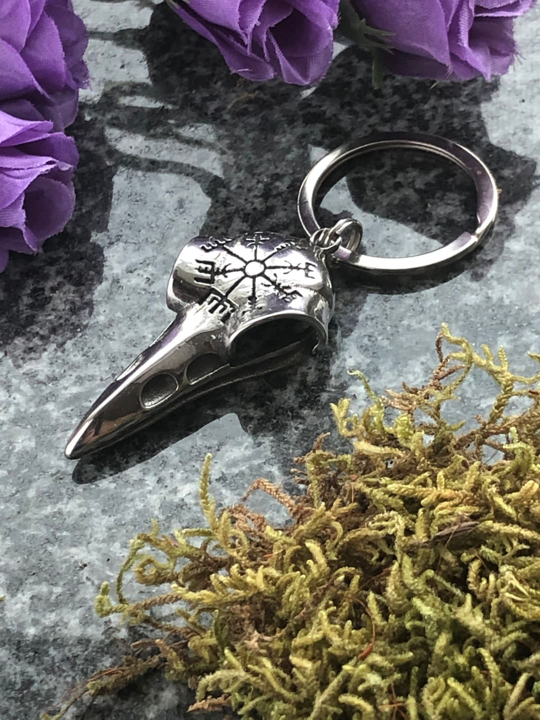 Gothic Raven Skull Keychain, Viking Compass Vegvisir, Nordic Wayfinder ...